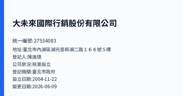 大未來國際行銷股份有限公司的照片-統編 27534083(臺北市) 公司登記資料與營業項目詳細圖表