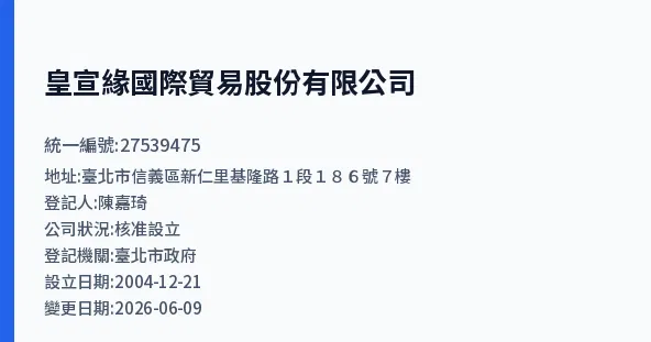 皇宣緣國際貿易股份有限公司的照片-統編 27539475(臺北市) 公司登記資料與營業項目詳細圖表