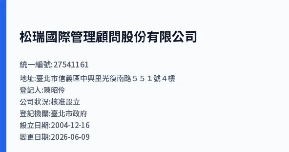 松瑞國際管理顧問股份有限公司的照片-統編 27541161(臺北市) 公司登記資料與營業項目詳細圖表