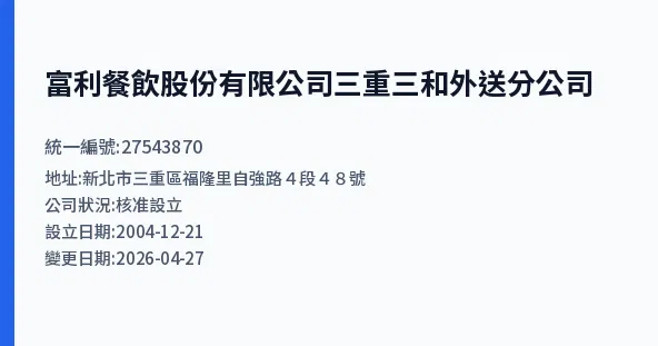 富利餐飲股份有限公司三重三和外送分公司的照片-統編 27543870(新北市) 公司登記資料與營業項目詳細圖表