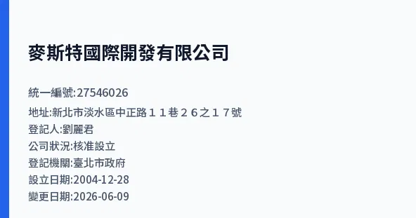 麥斯特國際開發有限公司的照片-統編 27546026(新北市) 公司登記資料與營業項目詳細圖表