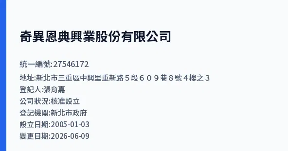 奇異恩典興業股份有限公司的照片-統編 27546172(新北市) 公司登記資料與營業項目詳細圖表