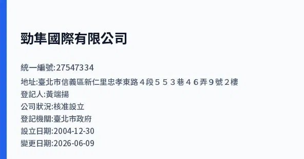 勁隼國際有限公司的照片-統編 27547334(臺北市) 公司登記資料與營業項目詳細圖表