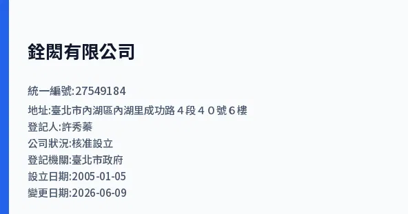 銓閎有限公司的照片-統編 27549184(臺北市) 公司登記資料與營業項目詳細圖表