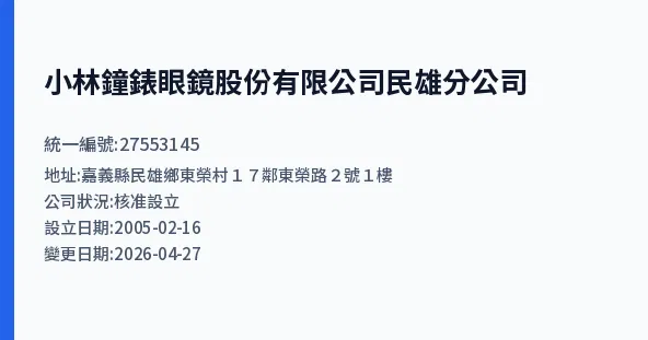 小林鐘錶眼鏡股份有限公司民雄分公司的照片-統編 27553145(嘉義縣) 公司登記資料與營業項目詳細圖表