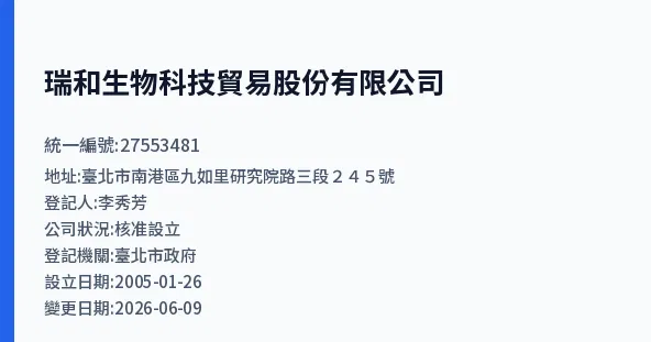 瑞和生物科技貿易股份有限公司的照片-統編 27553481(臺北市) 公司登記資料與營業項目詳細圖表