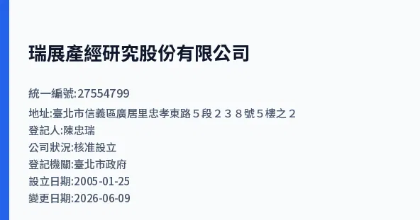 瑞展產經研究股份有限公司的照片-統編 27554799(臺北市) 公司登記資料與營業項目詳細圖表