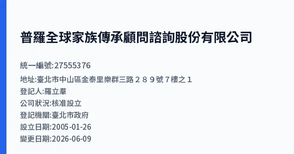 普羅全球家族傳承顧問諮詢股份有限公司的照片-統編 27555376(臺北市) 公司登記資料與營業項目詳細圖表