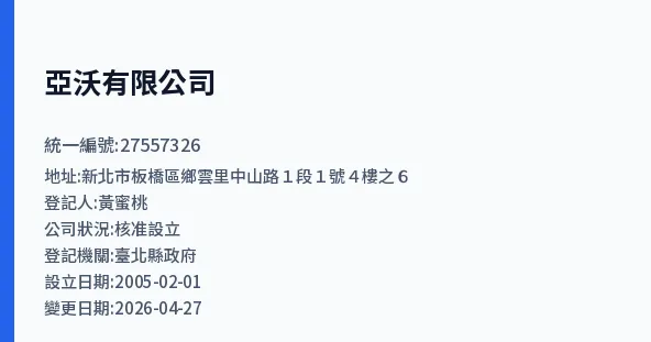 亞沃有限公司的照片-統編 27557326(新北市) 公司登記資料與營業項目詳細圖表
