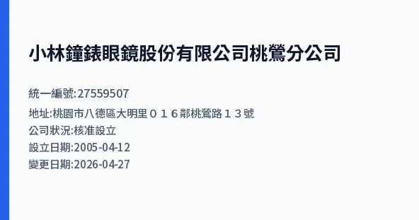 小林鐘錶眼鏡股份有限公司桃鶯分公司的照片-統編 27559507(桃園市) 公司登記資料與營業項目詳細圖表