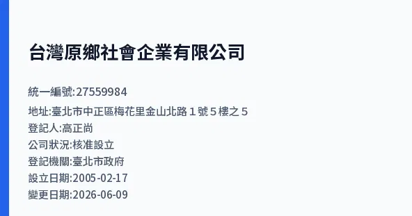 台灣原鄉社會企業有限公司的照片-統編 27559984(臺北市) 公司登記資料與營業項目詳細圖表