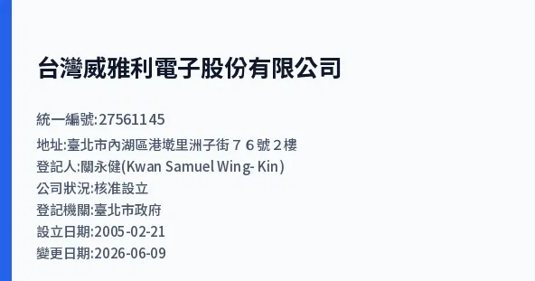 台灣威雅利電子股份有限公司的照片-統編 27561145(臺北市) 公司登記資料與營業項目詳細圖表