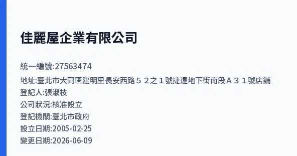 佳麗屋企業有限公司的照片-統編 27563474(臺北市) 公司登記資料與營業項目詳細圖表