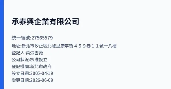 承泰興企業有限公司的照片-統編 27565579(新北市) 公司登記資料與營業項目詳細圖表