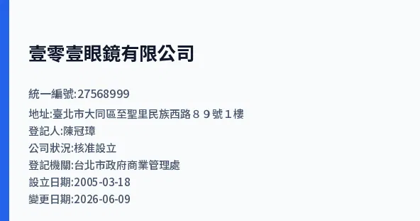 壹零壹眼鏡有限公司的照片-統編 27568999(臺北市) 公司登記資料與營業項目詳細圖表
