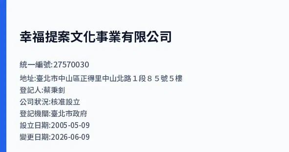 幸福提案文化事業有限公司的照片-統編 27570030(臺北市) 公司登記資料與營業項目詳細圖表