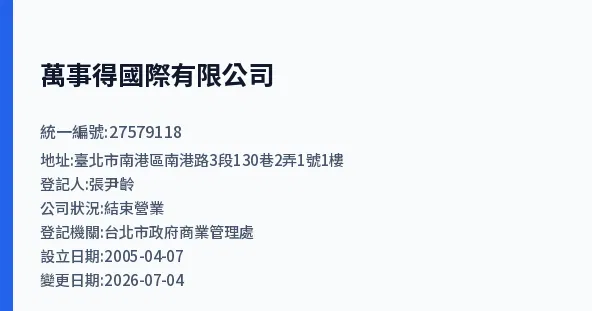 萬事得國際有限公司的照片-統編 27579118(臺北市) 公司登記資料與營業項目詳細圖表