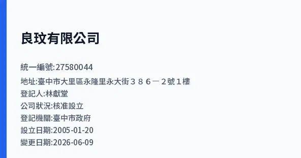 良玟有限公司的照片-統編 27580044(臺中市) 公司登記資料與營業項目詳細圖表