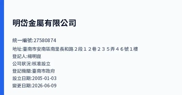 明岱金屬有限公司的照片-統編 27580874(臺南市) 公司登記資料與營業項目詳細圖表