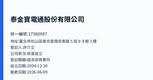 泰金寶電通股份有限公司的照片-統編 27580987(臺北市) 公司登記資料與營業項目詳細圖表