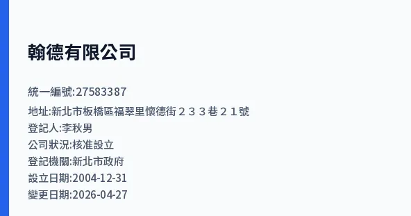 翰德有限公司的照片-統編 27583387(新北市) 公司登記資料與營業項目詳細圖表