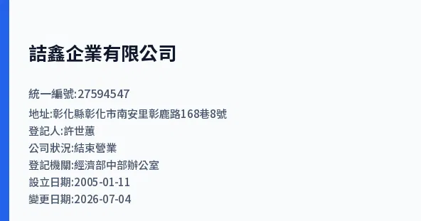 詰鑫企業有限公司的照片-統編 27594547(彰化縣) 公司登記資料與營業項目詳細圖表