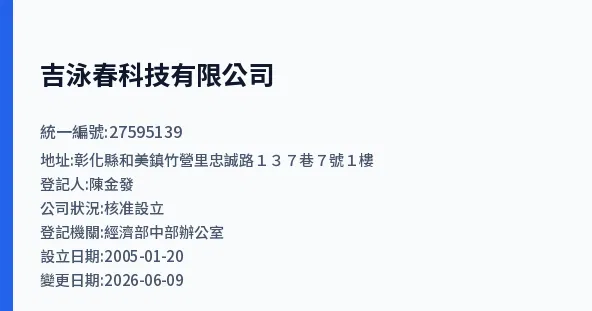 吉泳春科技有限公司的照片-統編 27595139(彰化縣) 公司登記資料與營業項目詳細圖表