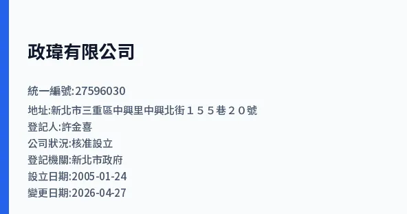 政瑋有限公司的照片-統編 27596030(新北市) 公司登記資料與營業項目詳細圖表