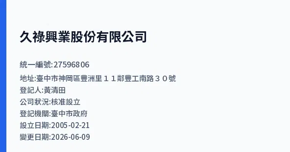 久祿興業股份有限公司的照片-統編 27596806(臺中市) 公司登記資料與營業項目詳細圖表