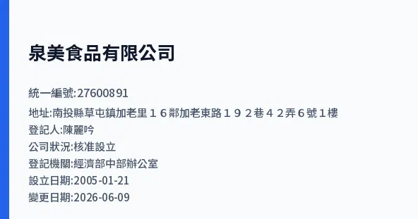 泉美食品有限公司的照片-統編 27600891(南投縣) 公司登記資料與營業項目詳細圖表