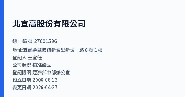 北宜高股份有限公司的照片-統編 27601596(宜蘭縣) 公司登記資料與營業項目詳細圖表