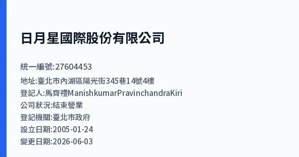 日月星國際股份有限公司的照片-統編 27604453(臺北市) 公司登記資料與營業項目詳細圖表