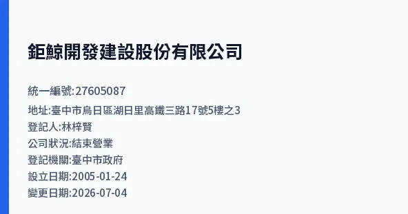 鉅鯨開發建設股份有限公司的照片-統編 27605087(臺中市) 公司登記資料與營業項目詳細圖表