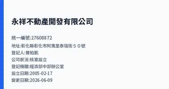 永祥不動產開發有限公司的照片-統編 27608872(彰化縣) 公司登記資料與營業項目詳細圖表