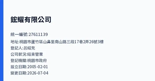 鋐耀有限公司的照片-統編 27611139(桃園市) 公司登記資料與營業項目詳細圖表