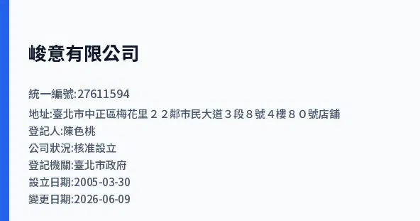 峻意有限公司的照片-統編 27611594(臺北市) 公司登記資料與營業項目詳細圖表
