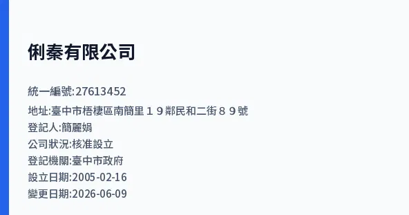 俐秦有限公司的照片-統編 27613452(臺中市) 公司登記資料與營業項目詳細圖表
