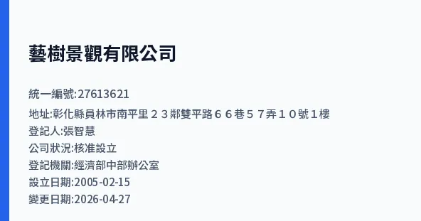 藝樹景觀有限公司的照片-統編 27613621(彰化縣) 公司登記資料與營業項目詳細圖表