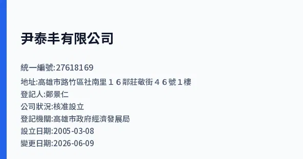 尹泰丰有限公司的照片-統編 27618169(高雄市) 公司登記資料與營業項目詳細圖表