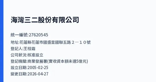 海灣三二股份有限公司的照片-統編 27620545(花蓮縣) 公司登記資料與營業項目詳細圖表