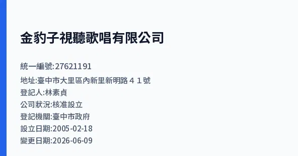 金豹子視聽歌唱有限公司的照片-統編 27621191(臺中市) 公司登記資料與營業項目詳細圖表