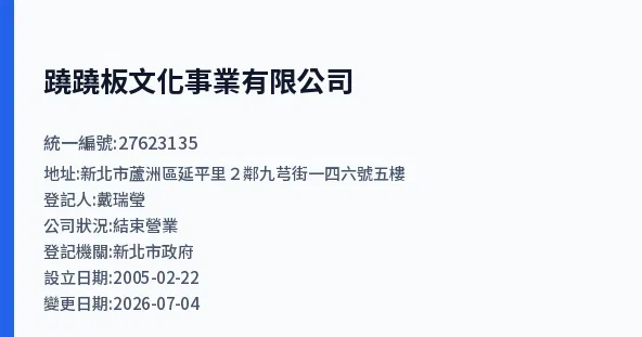 蹺蹺板文化事業有限公司的照片-統編 27623135(新北市) 公司登記資料與營業項目詳細圖表