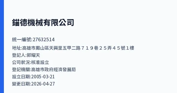 錨德機械有限公司的照片-統編 27632514(高雄市) 公司登記資料與營業項目詳細圖表