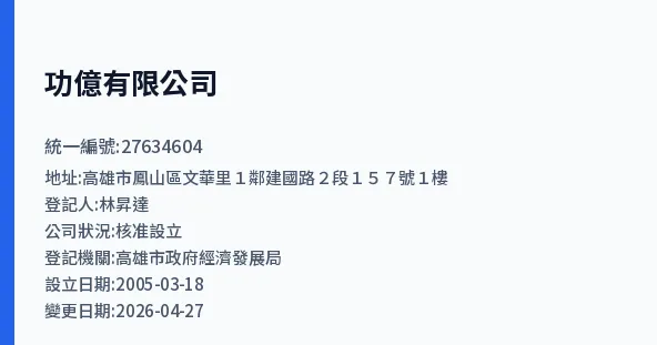 功億有限公司的照片-統編 27634604(高雄市) 公司登記資料與營業項目詳細圖表