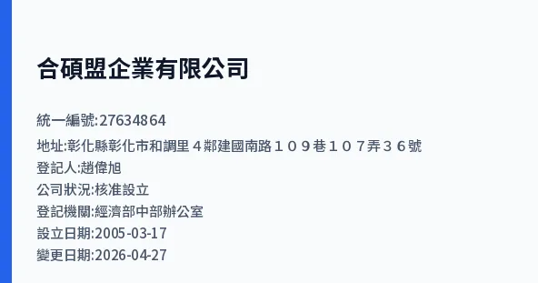 合碩盟企業有限公司的照片-統編 27634864(彰化縣) 公司登記資料與營業項目詳細圖表