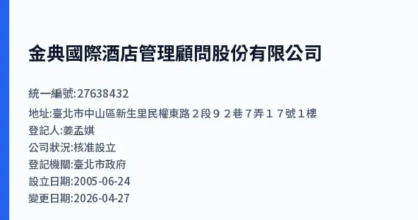 金典國際酒店管理顧問股份有限公司的照片-統編 27638432(臺北市) 公司登記資料與營業項目詳細圖表