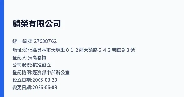 麟榮有限公司的照片-統編 27638762(彰化縣) 公司登記資料與營業項目詳細圖表