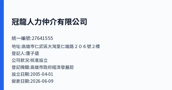 冠龍人力仲介有限公司的照片-統編 27641555(高雄市) 公司登記資料與營業項目詳細圖表