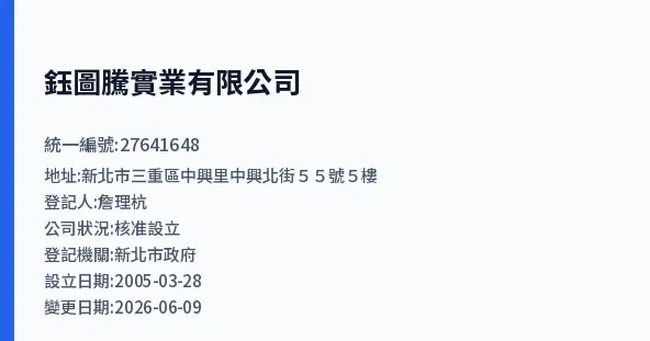 鈺圖騰實業有限公司的照片-統編 27641648(新北市) 公司登記資料與營業項目詳細圖表