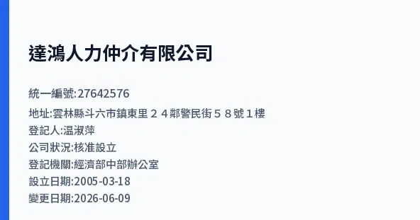 達鴻人力仲介有限公司的照片-統編 27642576(雲林縣) 公司登記資料與營業項目詳細圖表
